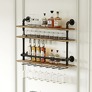 HKaikzo 36” L Industrial Pipe Shelves 3 Tier Hanging Wine Rack Wall Mounted, with 6 Stem Glass Holder Kitchen/Living Room/Home Wood Floating Wall Shelf