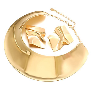 Punk Chunky African Choker Collar Necklace Drop Dangle Earrings Set 14K Gold Silver Plated Exaggerated Gothic Thick Statement Necklace for Women Hip Hop Jewelry Gift-A gold