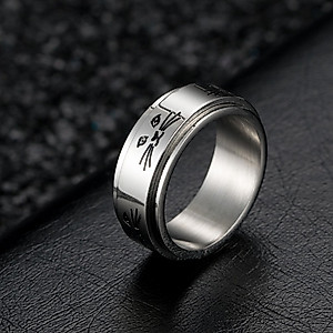 INRENG 8MM Fashion Stainless Steel Cute Kitty Spinner Ring for Men Women Silver Promise Rings Band Cat Face Engraved Size 8