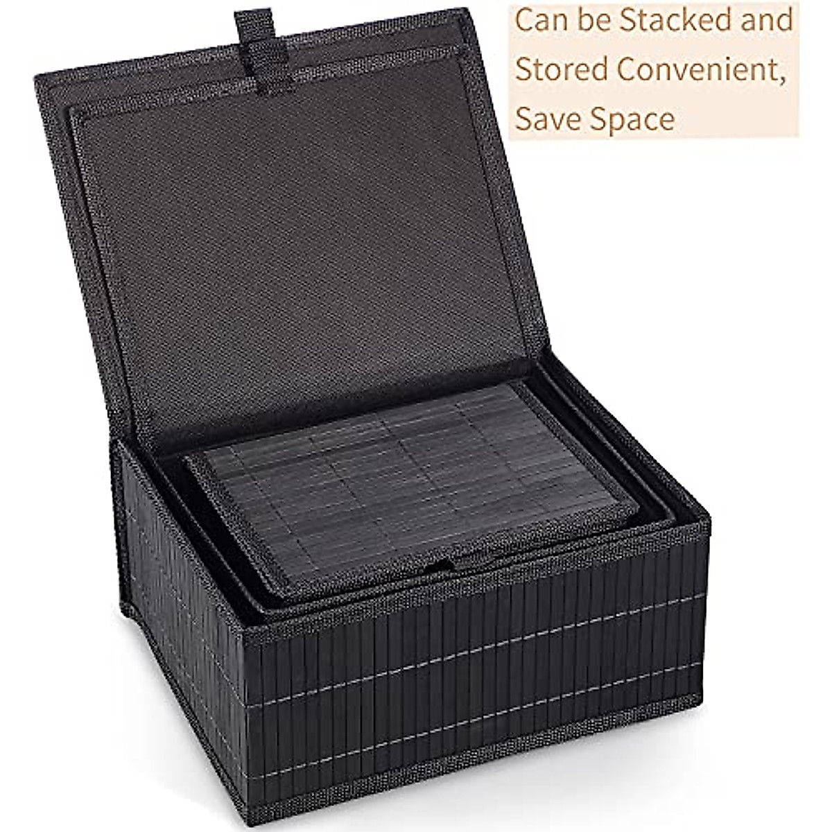 Honygebia Bamboo Decorative Storage Boxes - Set of 3 Woven Lined Storage Basket with Lids, Black Wicker Lidded Baskets for Home Kitchen Shelf Organizer Decor