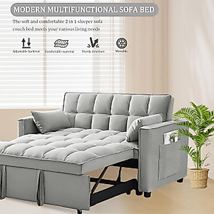WEAGP 3 in 1 Sleeper Sofa Couch Bed, Velvet Convertible Loveseat Sleeper Sofa with 3 Level Adjustable Backrest, Storage Pockets, Toss Pillows, Pull Out Loveseat Sleeper for Living Room, Grey