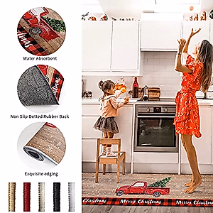 Runner Rugs And Mats 1 Pcs, Merry Christmas Red Truck with Xmas Tree Rustic Old Wooden Red Black Plaid Non Slid,Absorbent Kitchen Rug,Rubber Dots Backing Indoor Door Mat,Standing Mat 18x47.2 Inch