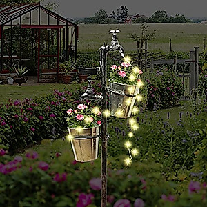 MorTime Solar Faucet Garden Stake with Two Planters, LED Lights Flowing Water Retro Metal Faucet Yard Stake Outdoor Plant Holder Flower Pots for Lawn Garden Decorations