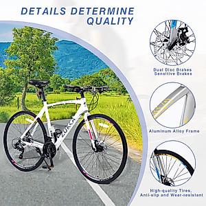 L-TWOO Road Bike 700C Wheels 3 x 8/24 Speed Dual Disc Brake Road Bike Straight Handlebar Smooth Shifting Hybrid Bike Commuter Bike for Women Men Junior Senior, White