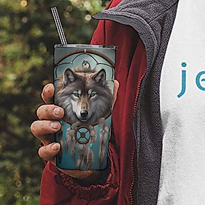 ZXDSKGYN 20 Oz Tumbler With Straw Leak Proof Thermos Cup, 3D Wolf Dream Catcher Stainless Steel Insulated Travel Coffee Mug Fit for Car Cup Holder