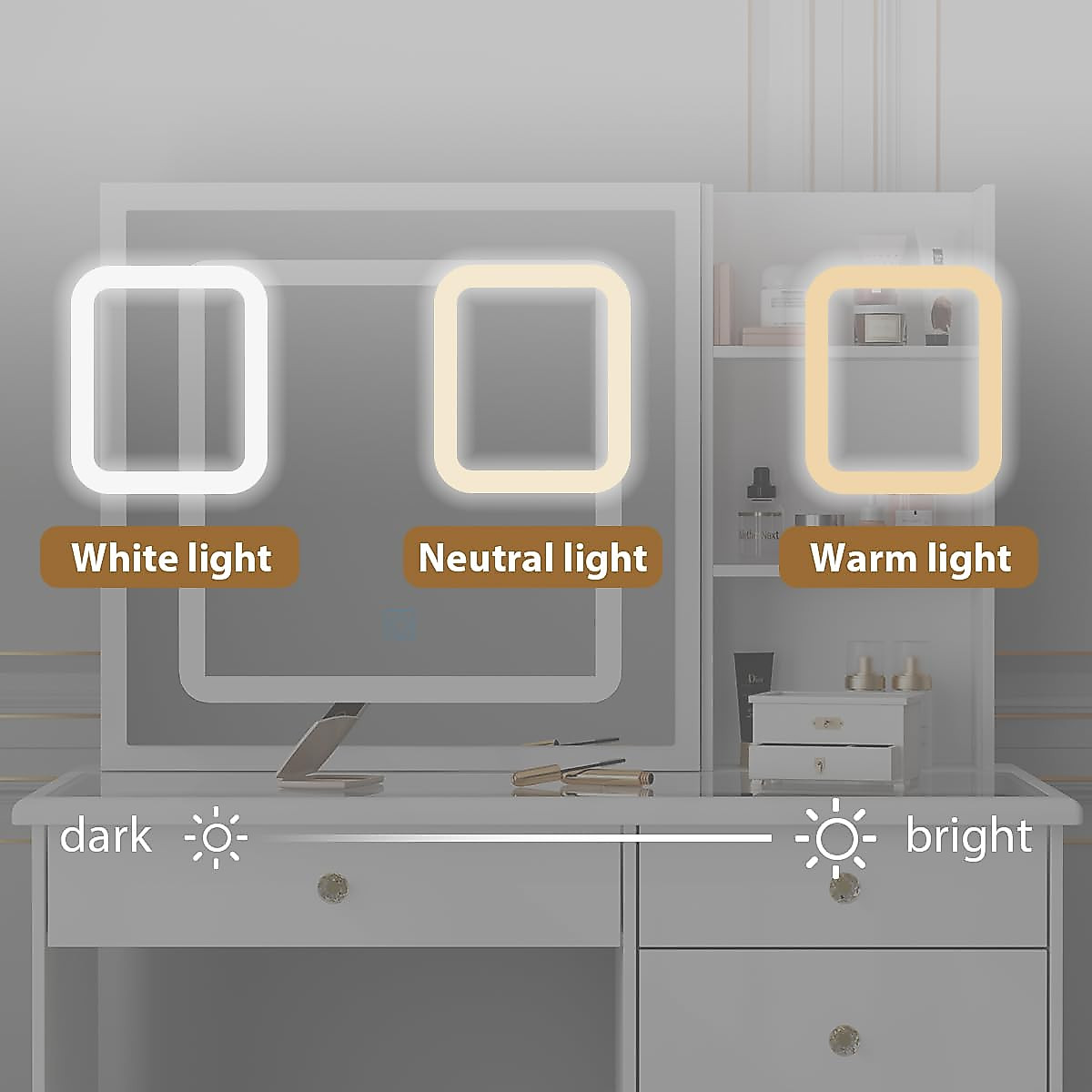 ROMSHINE Vanity Desk with Mirror and Lights, Makeup Vanity Desk with Sliding Mirror, Glass Desk-Top and Lights in 3 Colors Modes, White Vanity Table and Chair Set with 5 Drawers, Glass Top