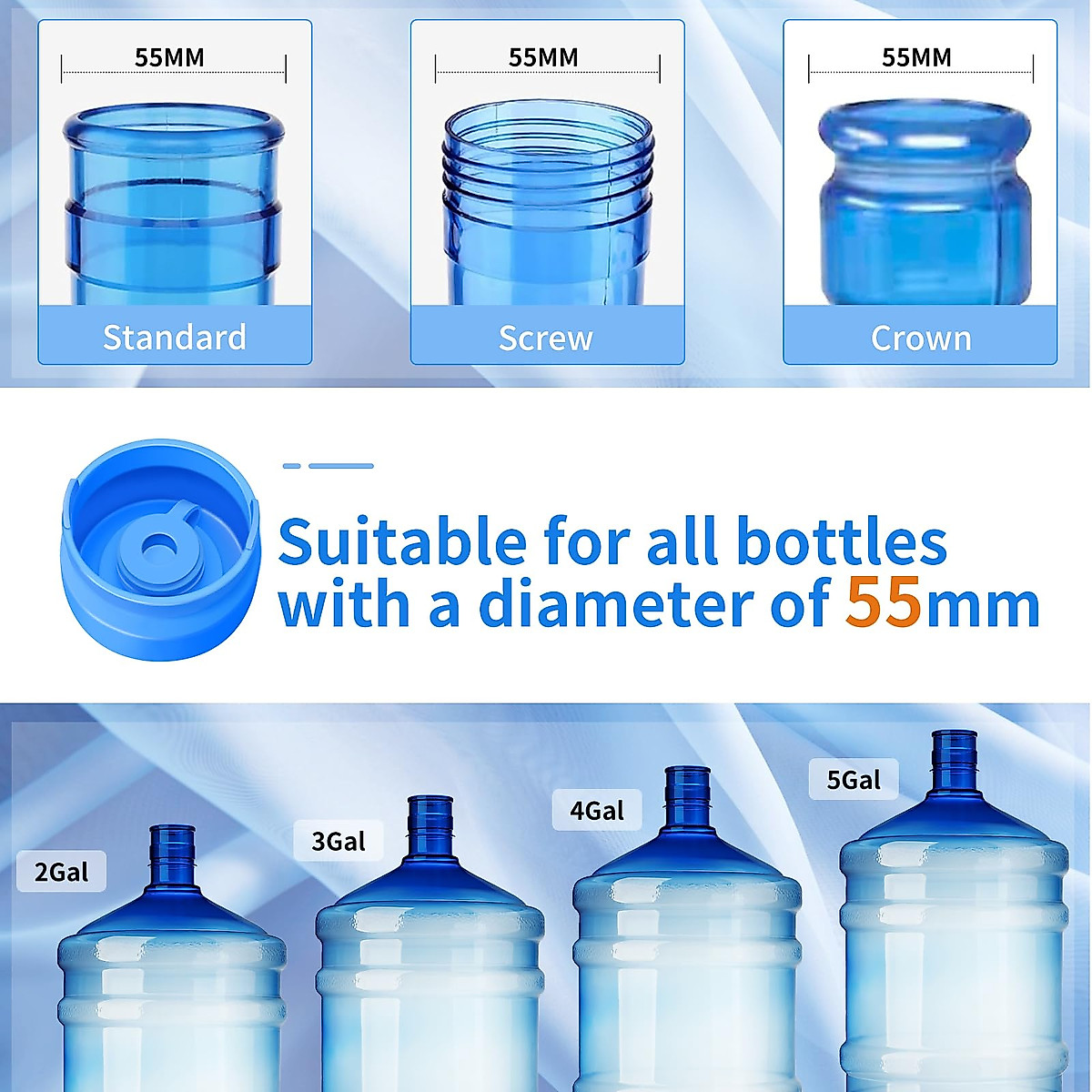 SEVCHY 3 and 5 Gallon Water Jug Cap, Reusable Food Grade Silicone Replacement Cover for 55mm Opening Water Jug Lid, Non Spill Water Bottle Caps - pack of 3