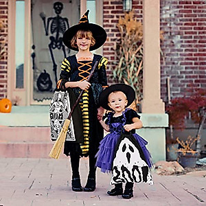 Halloween Trick or Treat Candy Bags | Washable Canvas Tote Bag | Drawstring Bag for Halloween Candy | Ghost & Spider House Bags