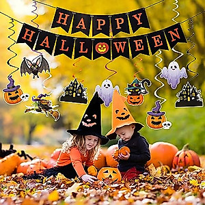 Lucleag 12Pcs Halloween Hanging Swirls Decorations & Halloween Banner, Pumpkin Bat Witch Ghost Hanging Decor Happy Halloween Banner for Ceiling Wall, Hanging Decoration for Halloween Party Supplies