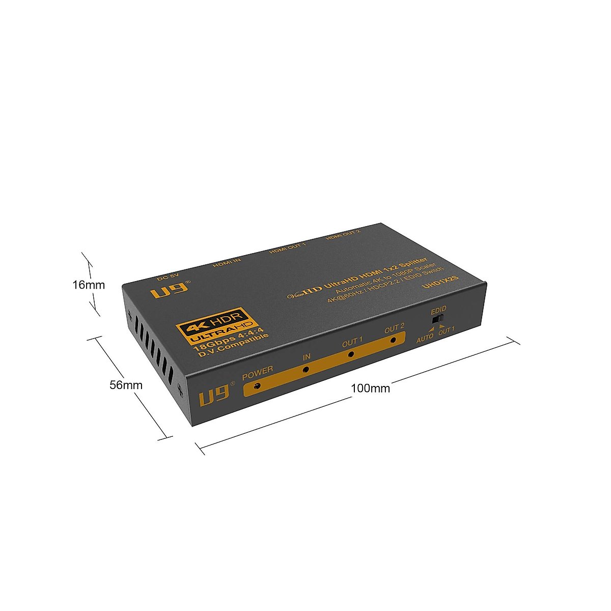 U9 ViewHD 1 in 2 out HDMI 2.0 18Gbps 1x2 Splitter with automatic 4K to 1080P Downscaler / 4K@60Hz / HDR and Dolby Vision / HDCP 2.2 / 1 Input to 2 Outputs / EDID Control | Model: UHD1X2S