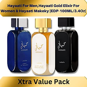 Lattafa Perfumes Premium Collection Hayaati For Men,Hayaati Gold Elixir For Women & Hayaati Makeky EDP-100ML/3.4Oz| Musk & Woody Notes. (xtravaluepack)