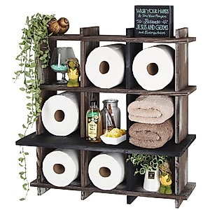 J JACKCUBE DESIGN Rustic Farmhouse Wooden Bathroom Shelves, Wooden Over The Toilet Shelf Toilet Paper Cabinet Tissue Roll Towel Plant Storage Organizer with 9 Compartments for Bathroom Decor - MK627A