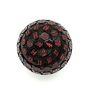 Poludie 100 Sided Polyhedral Dice, Single D100 Game Dice, 100 Sided Cube with Black Pouch, D100 die 48 mm (Black with Red Number)
