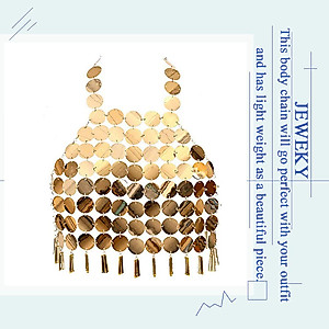 Jeweky Boho Sequins Bra Chain Gold Crop Top Body Chains Backless Beach Nightclub Rave Body Accessories Jewelry for Women and Girls