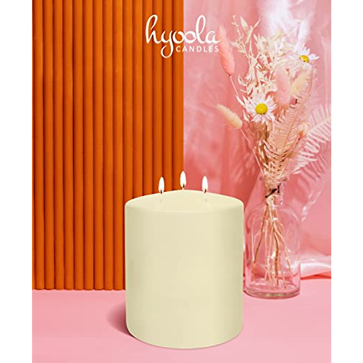 HYOOLA Ivory Three Wick Large Candle - 6 x 8 Inch - Unscented Big Pillar Candles - 188 Hour - European Made
