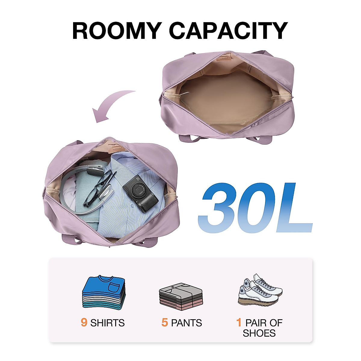 BAGSMART Foldable Travel Duffle Bag, 30.6L Large Carry On Tote Bag Gym Sports Bag for Women, Weekender Overnight Bag for Travel Essentials & Daily Necessities(Dark Purple)