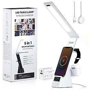 Fast Wireless Charge LED Table Lamp Cell Phone Induction 20W Charging Apple Products - Dock Station for iPhone, Apple Watch AirPods USB-C Desk & Bedside Organizer Station Light & Stand Clock Alarm