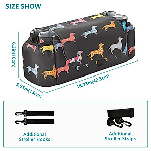 MCHIVER Dogs Dachshund Baby Stroller Organizer with Adjustable Straps Non-slip Stroller Caddy with Cup Holders Large Capacity Stroller Bag for Diaper Toys Storage