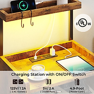 VIAGDO Nightstand with Charging Station and LED Lights, Rustic Brown Night Stand with Drawer, Modern End Side Table with Open Storage Shelves, Bedside Tables for Bedroom, Office