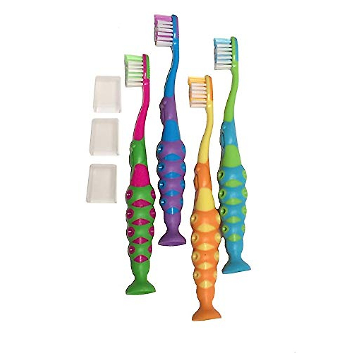 Secret for Longevity 4-Pack of Kids Children Boy Girl Toddler Extra Soft Bristle Easy Grip BPA Free Toothbrush Set w/Suction Base and Travel Dust Covers