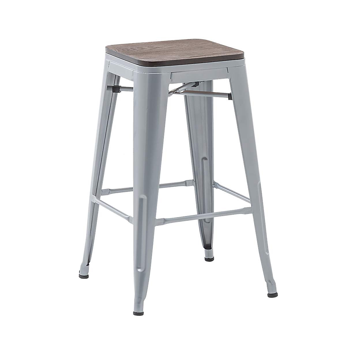 Alunaune 24" Metal Counter Height Bar Stools Set of 4 Industrial Backless Kitchen Patio Counter Stool Stackable Barstools Wood Top- 24inch, Silver