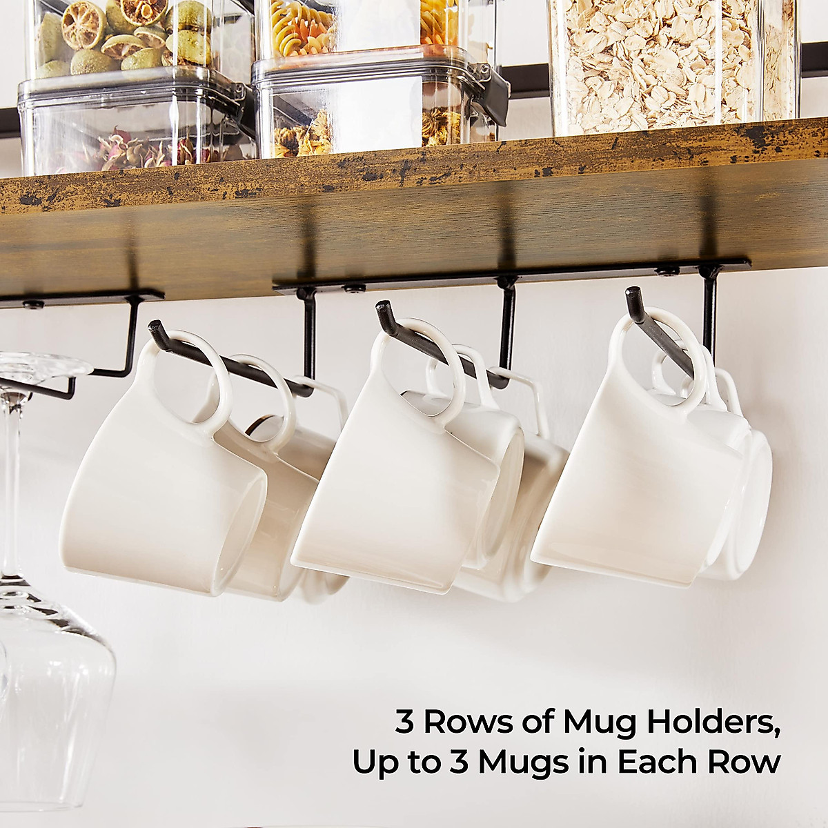 Yaheetech Wine Bakers Rack, 32-Bottle Wine Rack Freestanding Floor with Glass Holder & 6 Hooks, Industrial Coffee Bar Wine Rack Table Wine Bar Cabinet for Kitchen, Dining Room, Rustic Brown