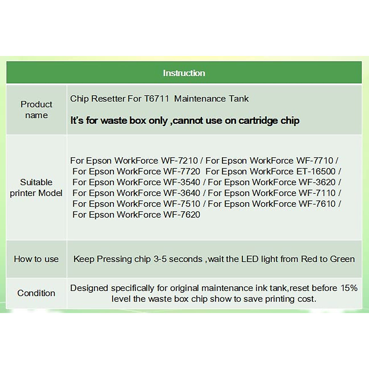 T6711 Maintenance Ink Tank Chip Resetter for Epson Workforce Pro WF-5190 WF-5690 WF-4630 WF-5110 WP-4010 WF-7710 WF-7720, white, 10*10*8cm, GP-T6711-CR