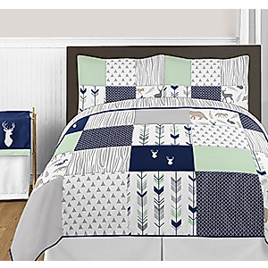 Sweet Jojo Designs Navy White Deer Decorative Accent Throw Pillows for Navy Blue, Mint and Grey Woodsy Boys Bedding Sets - Set of 2