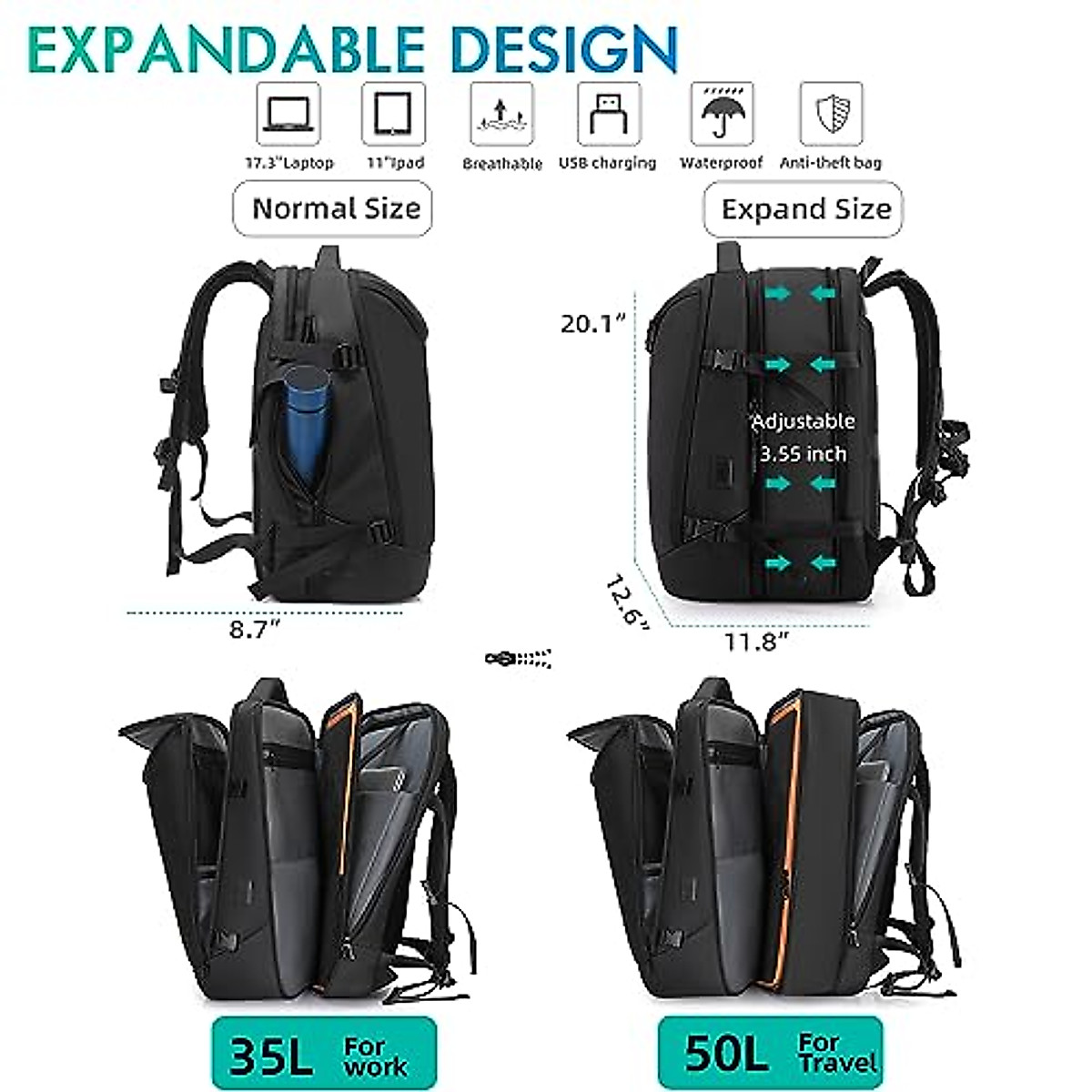 TANGCORLE 50L Carry on Travel Backpack, Expandable Airline Approved Backpacks with 3 Packing Cubes fit 17 inch Laptop, Water Resistant Convertible Suitcase backpack for Men Women