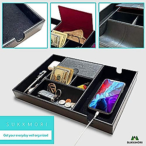 SUKKMORI Nightstand Organizer Valet Tray - PU Leather Desktop Organizer for Men and Women, Catchall Tray with 6 Compartments, Jewelry Organizer for Keys, Wallet, Phone, Watch, EDC Tray