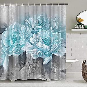DuoBaorom 4 Pieces Set Teal Blue Flower Shower Curtain Set Elegant Floral Picture Print on Non-Slip Rugs Toilet Lid Cover Bath Mat and Bathroom Curtain with 12 Hooks 72x72inch