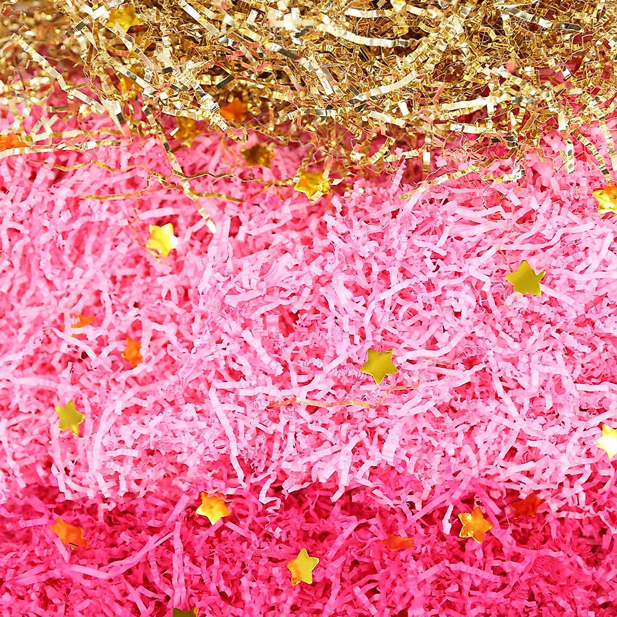 BllalaLab Pink & Gold Crinkle Cut Paper Shred Filler 1LB, Raffia Paper Gift Wrapping Basket Filling Bag Stuffing and Packing, Assorted Color Variations Tissue Filler (Pink & Magenta & Gold)