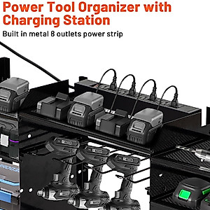 DIYTUNINGS Large Tools Organizer Wall Mount Charging Station,39 Inch Long Power Tool Battery Storage Rack with Screwdriver/Plier/Hammer Holder,Garage Utility Shelves Pegboard Hanging Extension Black