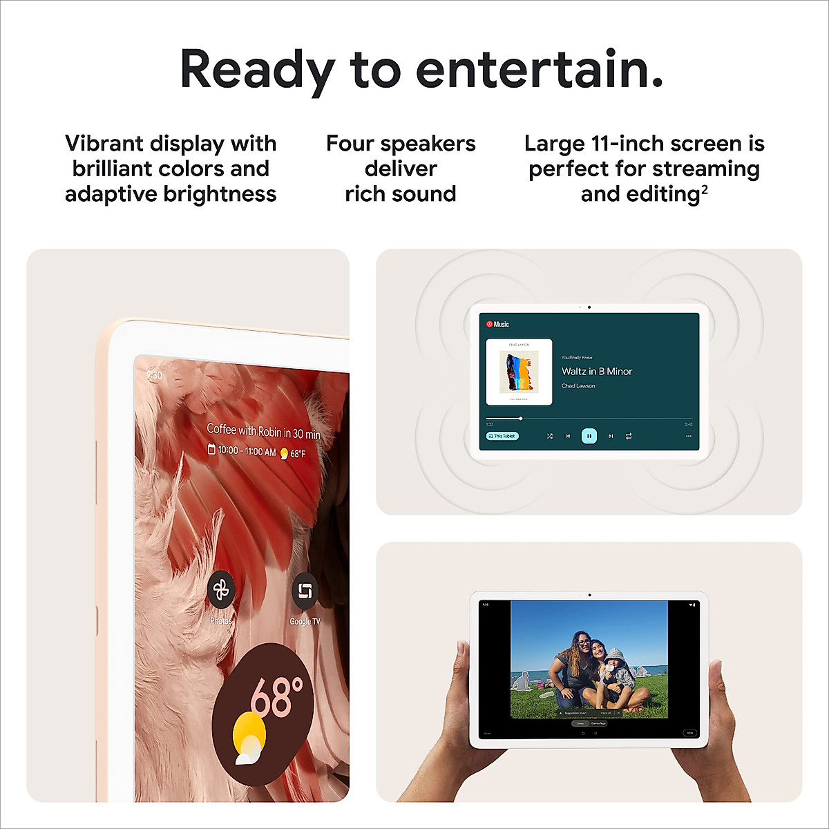 Google Pixel Tablet with Charging Speaker Dock - Android Tablet with 11-Inch Screen, Smart Home Controls, and Long-Lasting Battery - Rose/Porcelain - 128 GB