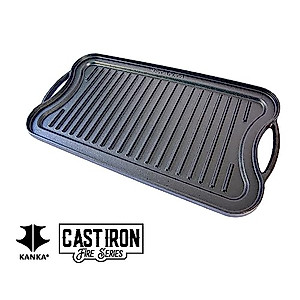KANKA Cast Iron Griddle - 19.7in X 10.23in, Pre-seasoned, Rectangular, Reversible, Doublesided, Black, Includes Stainless Steel Chain Cleaner