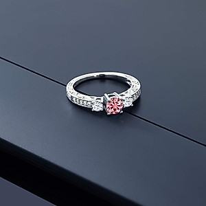 Gem Stone King 925 Sterling Silver Round Pink Moissanite and White Created Sapphire 3 Stone Women Ring (0.89 Cttw, Available In Size 5, 6, 7, 8, 9)
