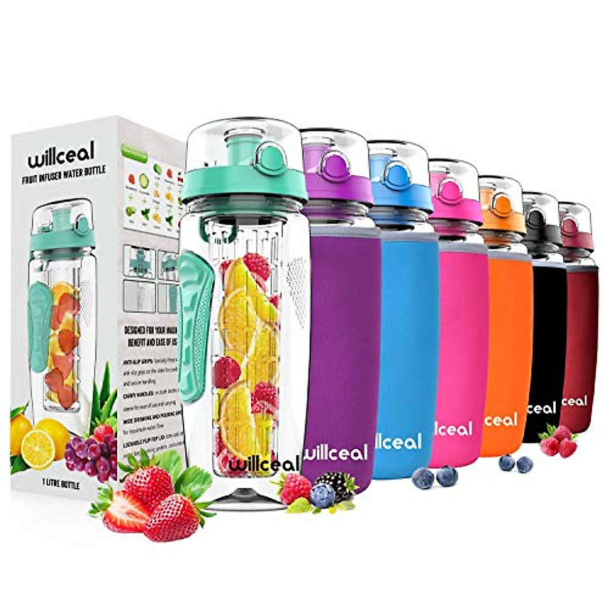 Fruit Infuser Water Bottle 32oz Willceal- Durable, Large - BPA Free Tritan, Flip Lid, Leak Proof Design - Sports, Camping (Mint)