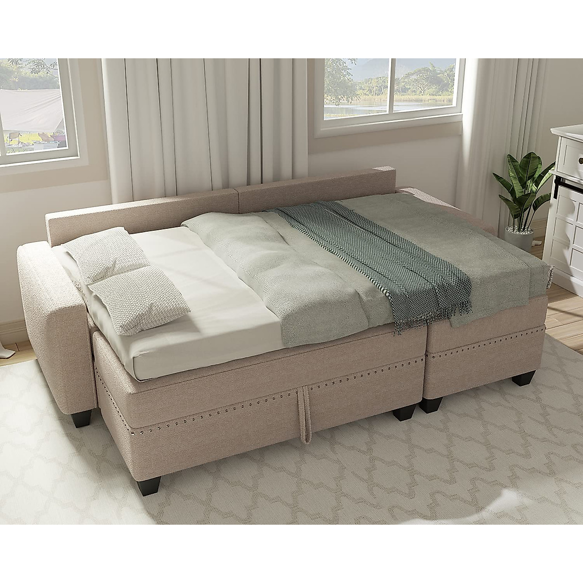 Ucloveria 81" Reversible Couch with Storage Chaise L-Shaped Apartment, Sectional Ottoman,Nailhead Textured Linen Fabric 3 Pieces Sofa Set,Warm Grey