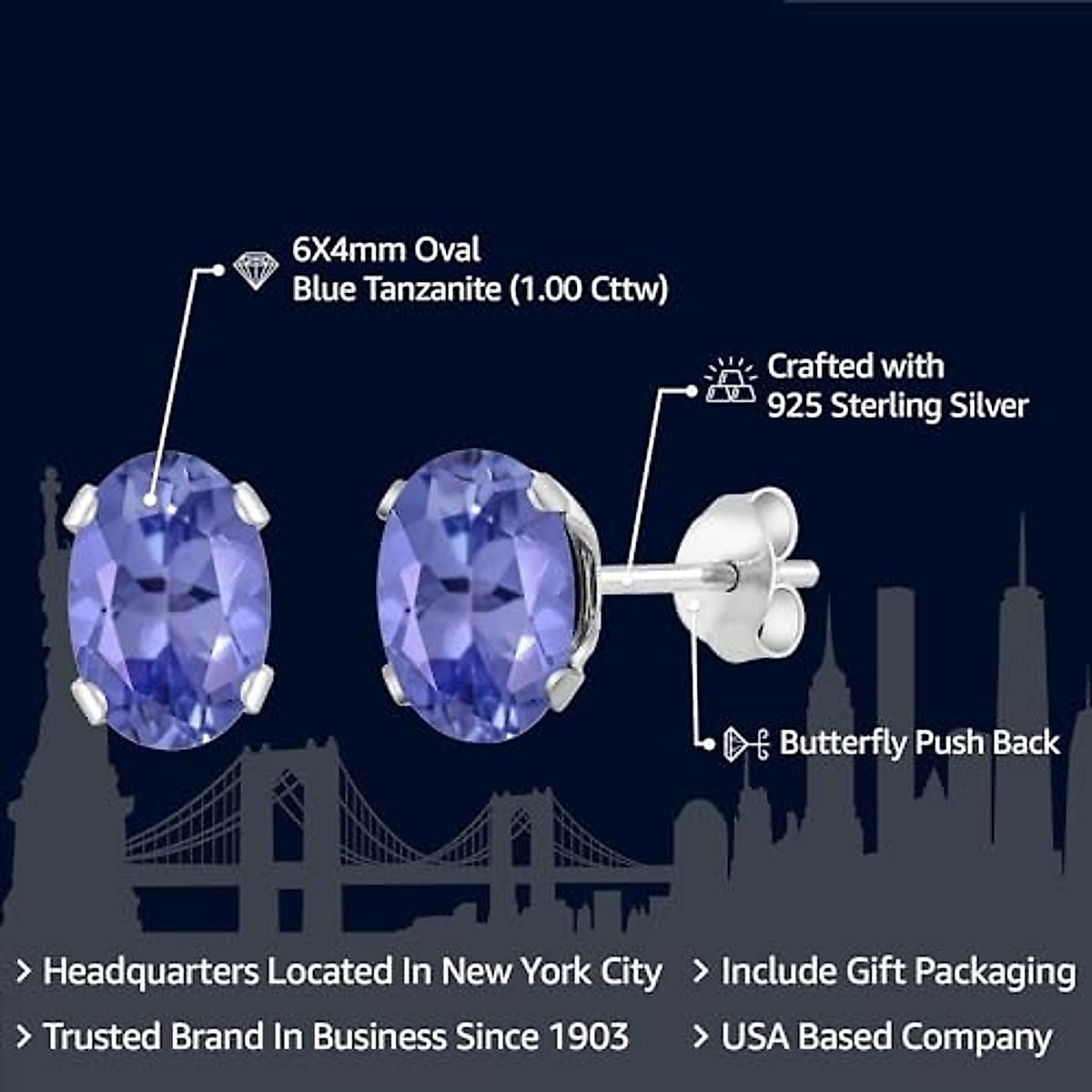 Gem Stone King 925 Sterling Silver Tanzanite Stud Earrings For Women (1.00 Cttw, Gemstone Birthstone, 6X4MM Oval Shape)