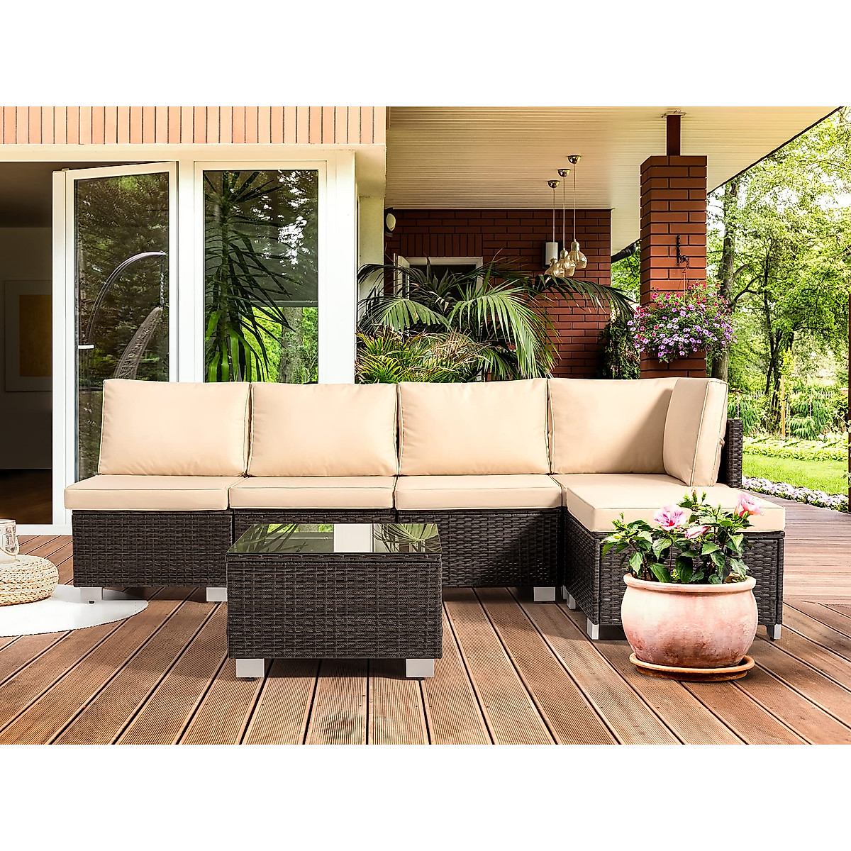 Patio Furniture 6 Pieces Set, Outdoor Furniture PE Rattan Wicker Outdoor Couch, Patio Conversation Sets One Box Package with Glass Table and Cushion, Brown