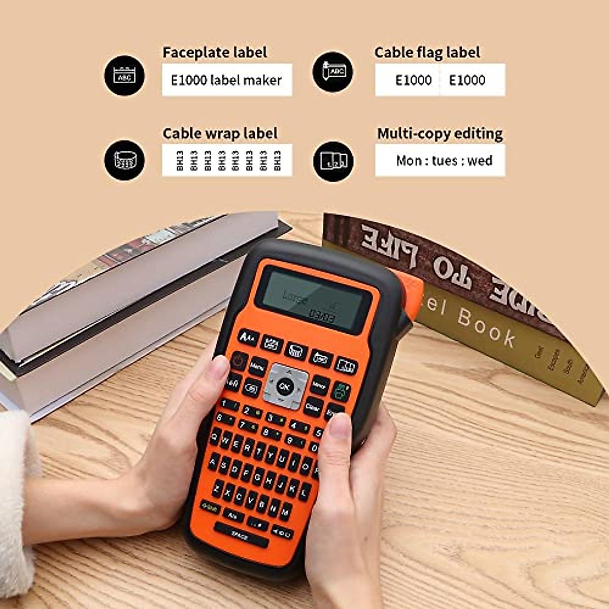 MarkDomain Label Maker Machine E1000Portable Handheld Cable Labeler Machine with AC Adapter, QWERTY Keyboard, One-Touch Keys, Easy to use for Home Office & Industrial Labeling Jobs, Orange
