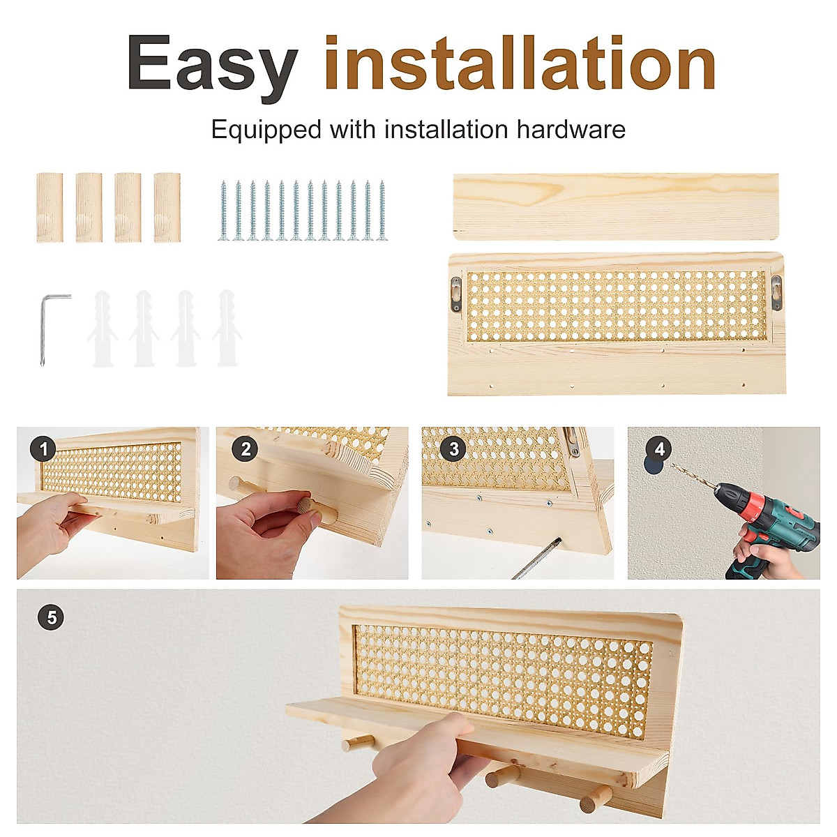PHWRECZ Rattan Rack Shelf Rattan Coat Rack Shelf Wall Mounted with 4 Hooks Decorative Rattan Wall Rack Floating Rattan Shelf Wall Mount Entryway Rattan Rack Easy to Install