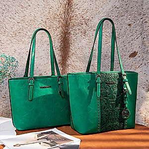 Montana West Tote Bag for Women Vegan Leather Purse and Handbags Set Embossed Collection Purse 2Pcs Set Green MWC2-G052A-GN