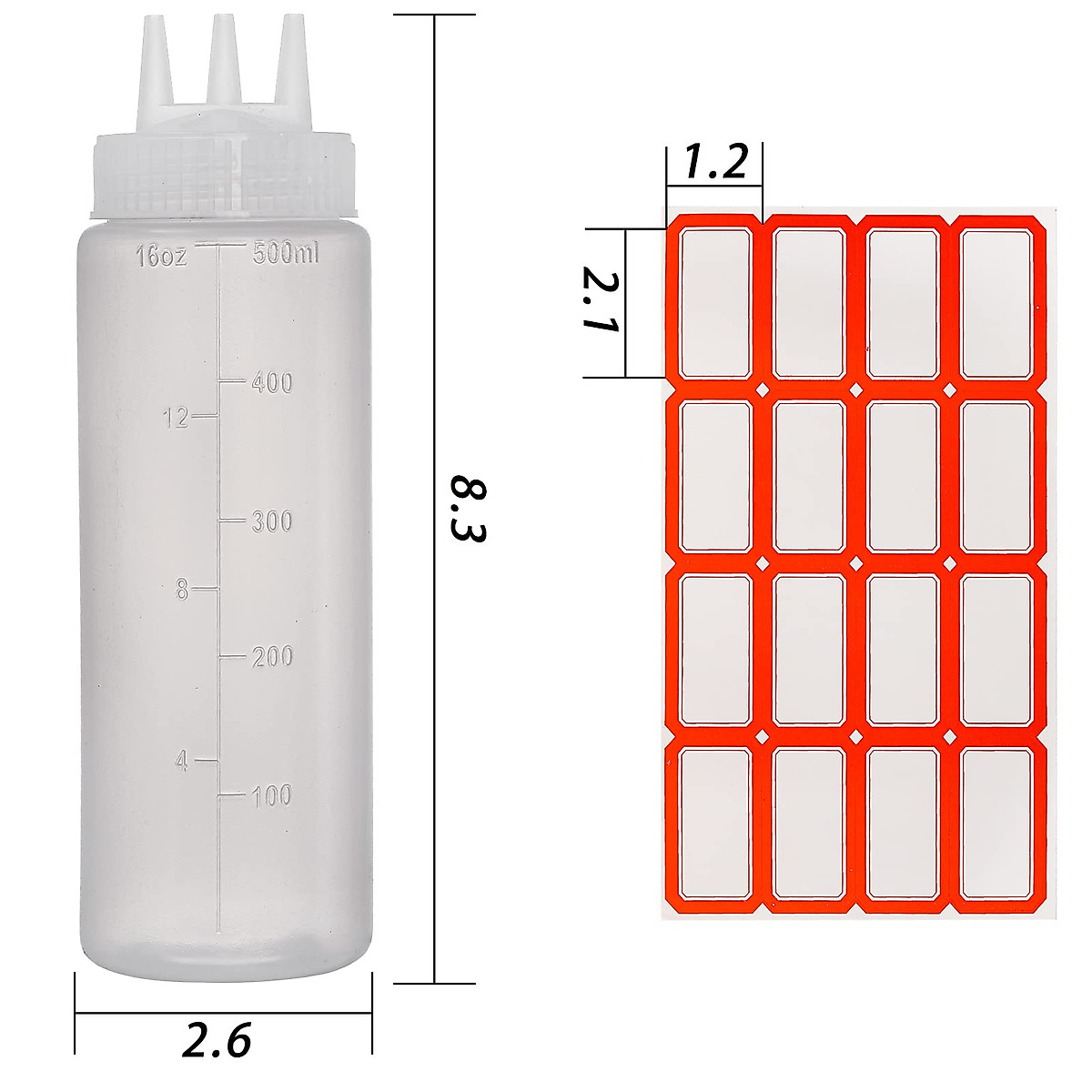 SOUJOY 16 Pack Condiment Squeeze Bottle, 16 Oz 3-Hole Kitchen Ketchup Squirt Bottle with Nozzle Tip and Label, Plastic Dispenser Container for Sauces, Paint, Oil, Salad Dressings, Arts and Crafts