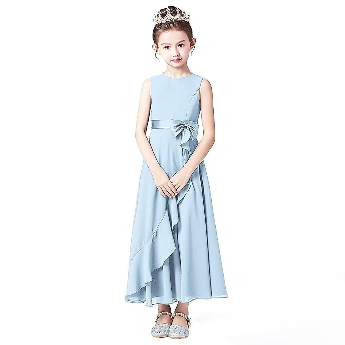 Little Junior Girl Long Bridesmaid Dress Baby Blue Wedding Flower Girls Formal Pageant Party Dresses Chiffon Sleeveless Baby Blue-10