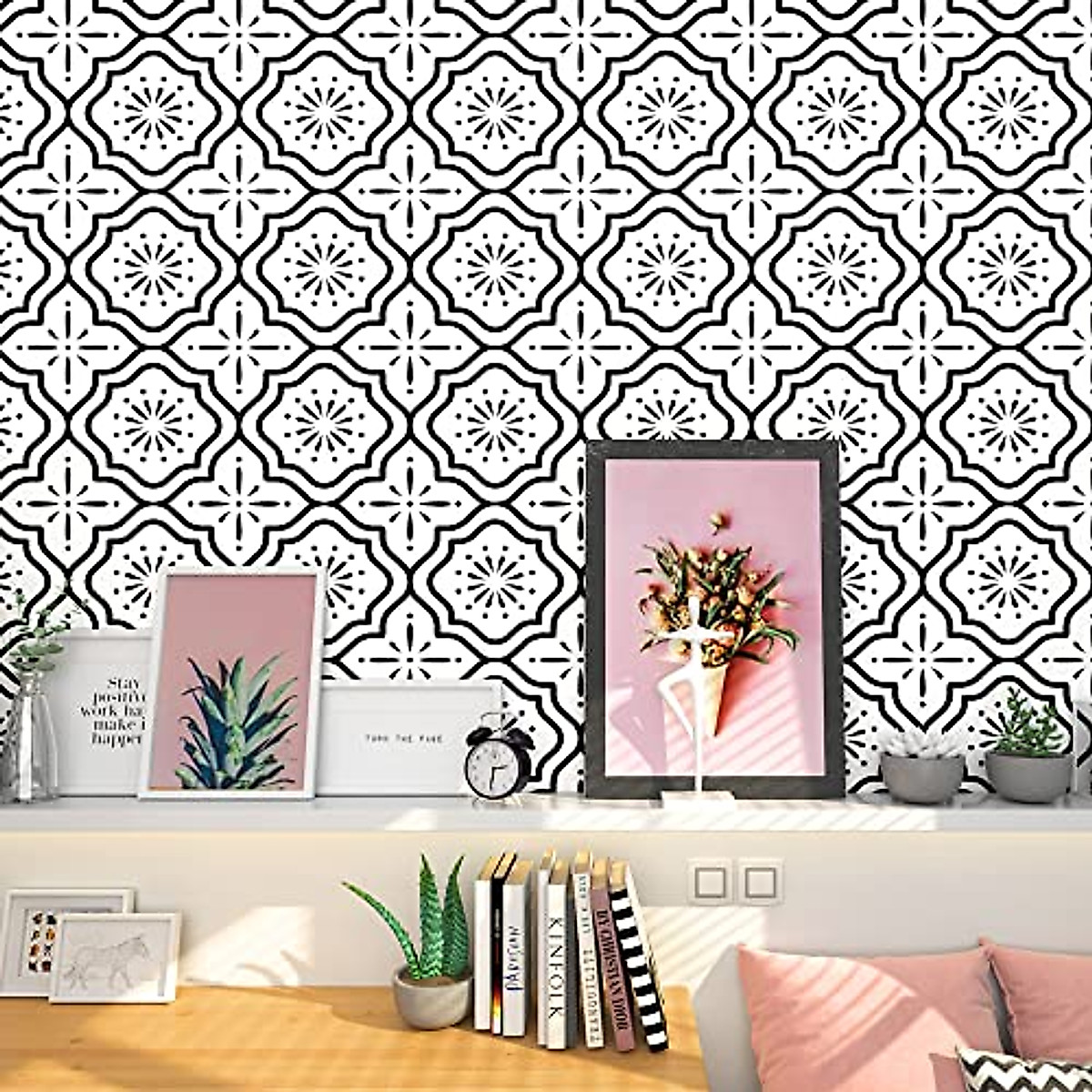 Peel and Stick Wallpaper Boho Contact Paper for Cabinets Black and White Wallpaper for Bedroom Geometric Wallpaper Self-Adhesive Wallpaper Kitchen Wallpaper Drawer Liner Waterproof Vinyl 17.5“×78.7”