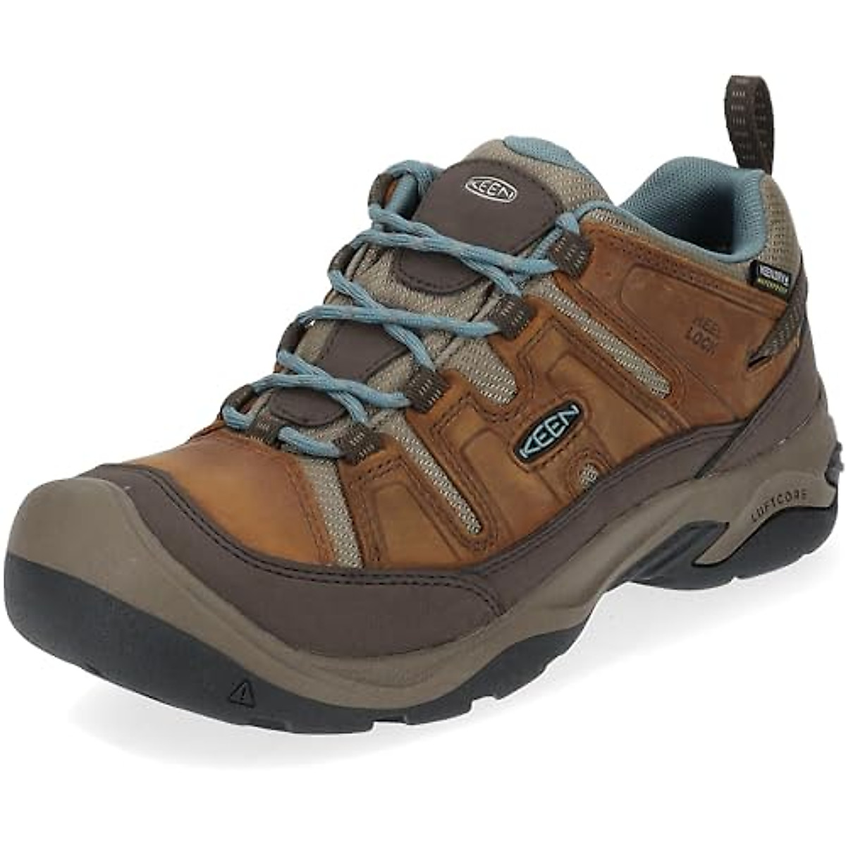 KEEN Women's Circadia Low Height Comfortable Waterproof Hiking Shoes, Syrup/North Atlantic, 10 Wide