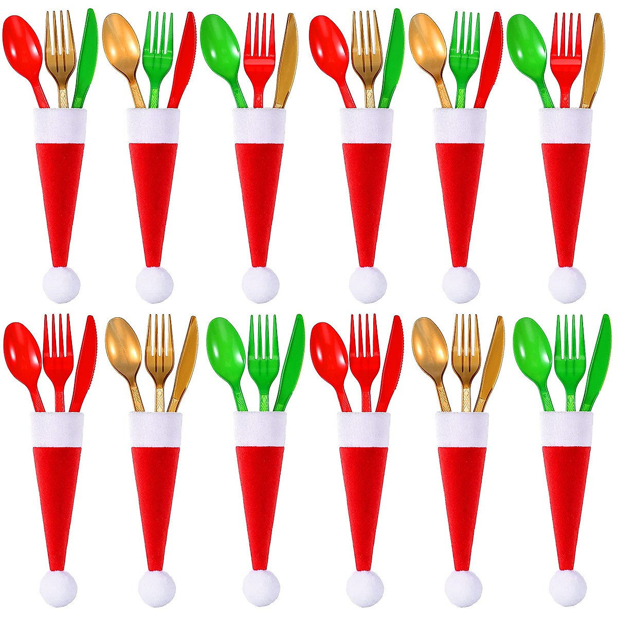144 Pcs Christmas Plastic Silverware Set, Red Green and Gold Plastic Holiday Cutlery, 36 Spoons, 36 Forks, 36 Knives, and 36 Santa Hats Silverware Holders Xmas Tableware Fork Spoon Knife Storage Bag