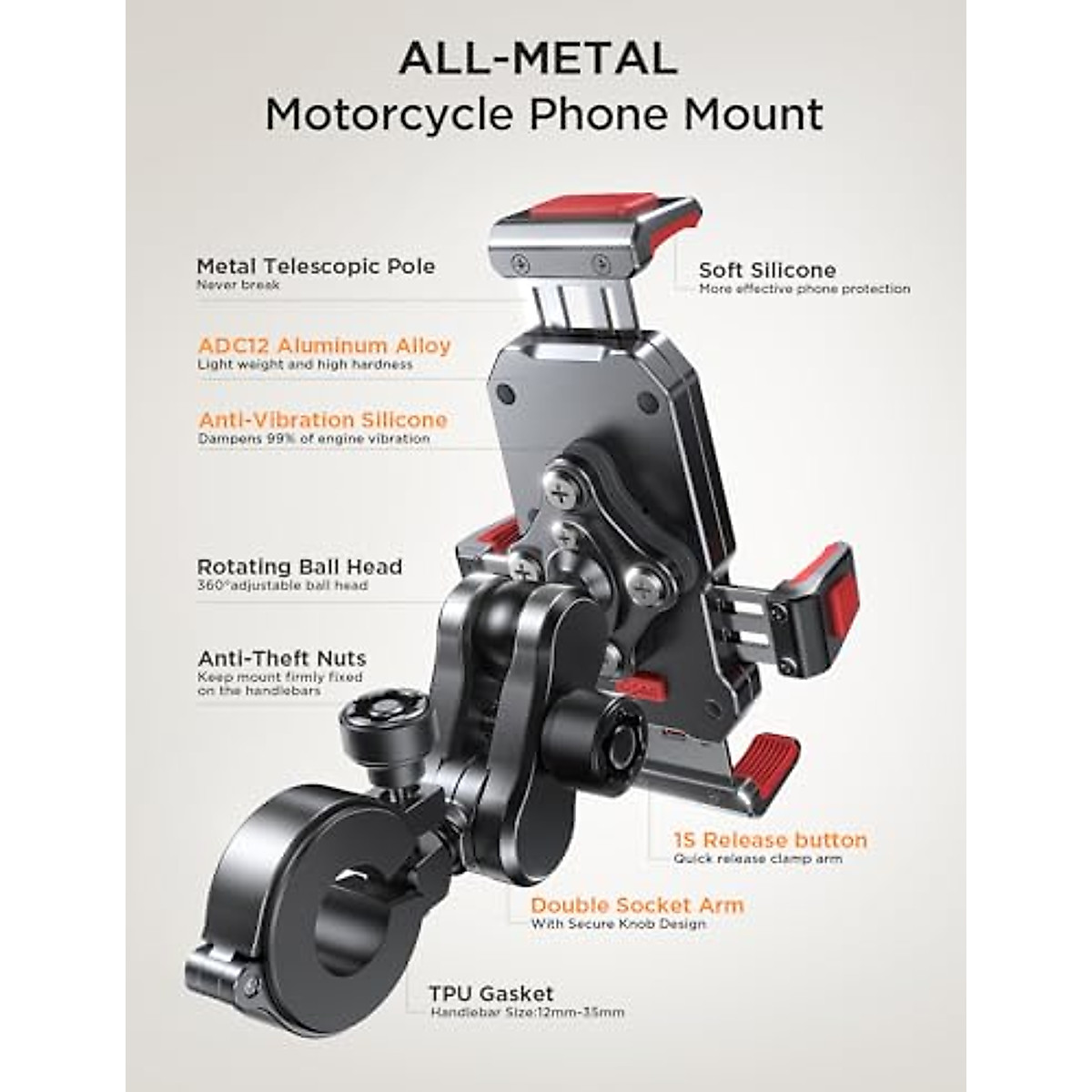 JOYROOM Aluminum Alloy Motorcycle Phone Mount with Vibration Dampener, Motorcycle Phone Holder for Motorcycle Harley Bike Bicycle Scooter ATV/UTV, Compatible with iPhone, Samsung, All Cell Phones