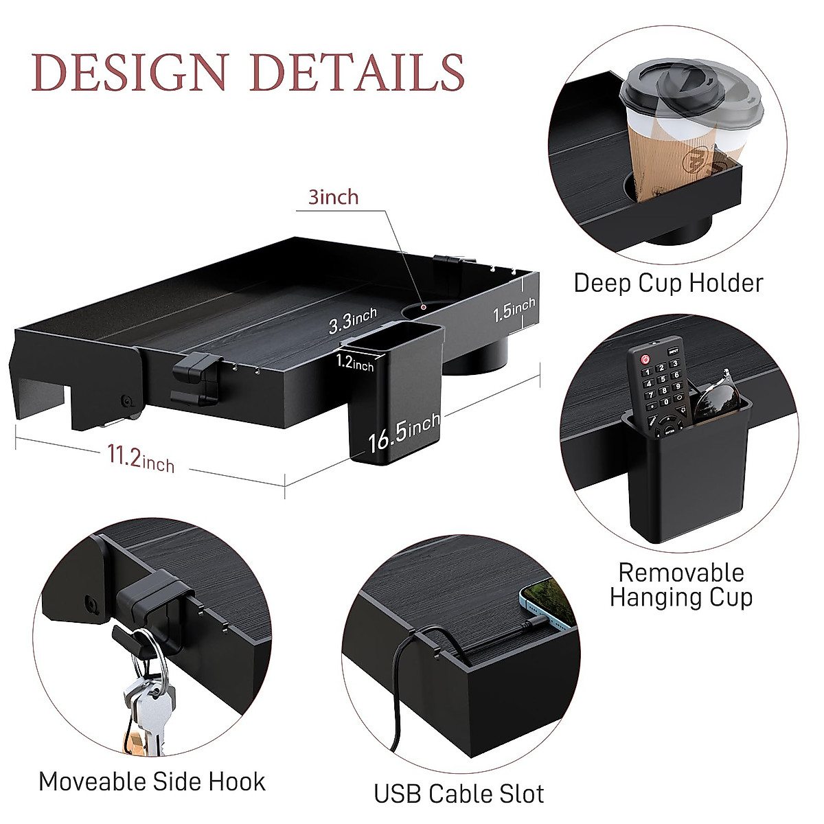 SOLEJAZZ Bedside Shelf for Bed, Folding Bunk Bed Shelf for Top Bunk Clip On Nightstand College Dorm Room Essential Table Tray, Plus Size, Black